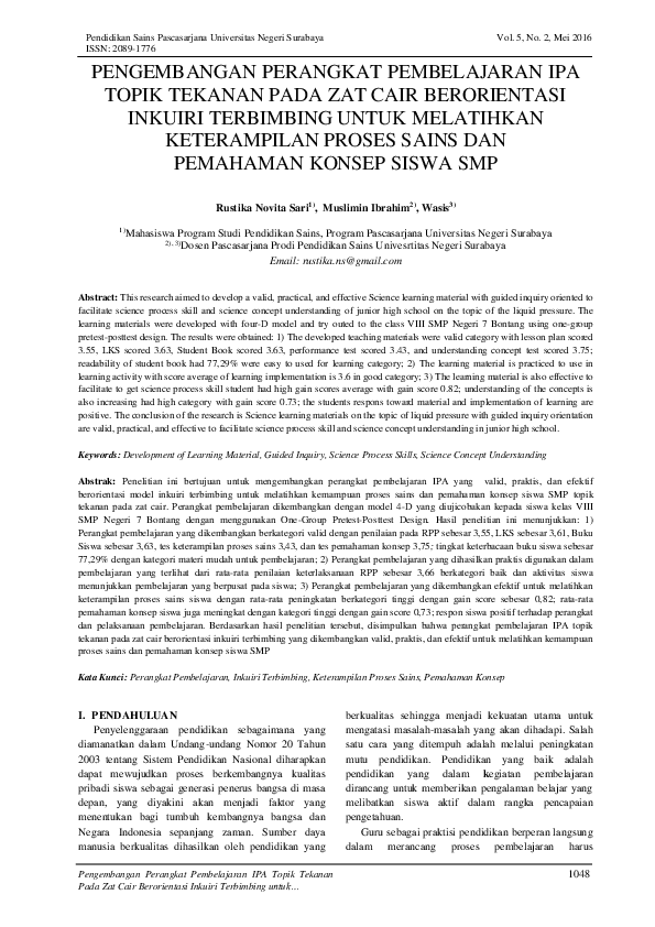(PDF) Pengembangan Perangkat Pembelajaran Ipa Topik Tekanan Pada Zat Cair Berorientasi Inkuiri ...
