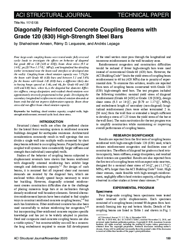 (PDF) Diagonally Reinforced Concrete Coupling Beams with Grade 120 (830 ...