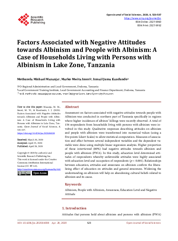 (PDF) Factors Associated with Negative Attitudes towards Albinism and ...