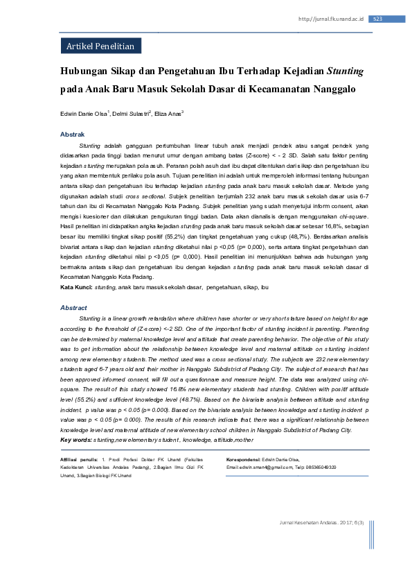 (PDF) Hubungan Sikap dan Pengetahuan Ibu Terhadap Kejadian Stunting pada Anak Baru Masuk Sekolah ...