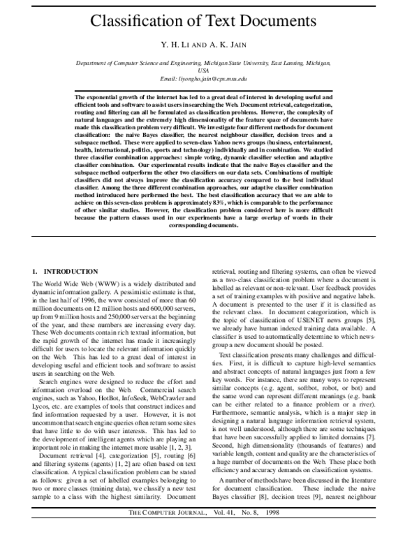 (PDF) Classification of Text Documents