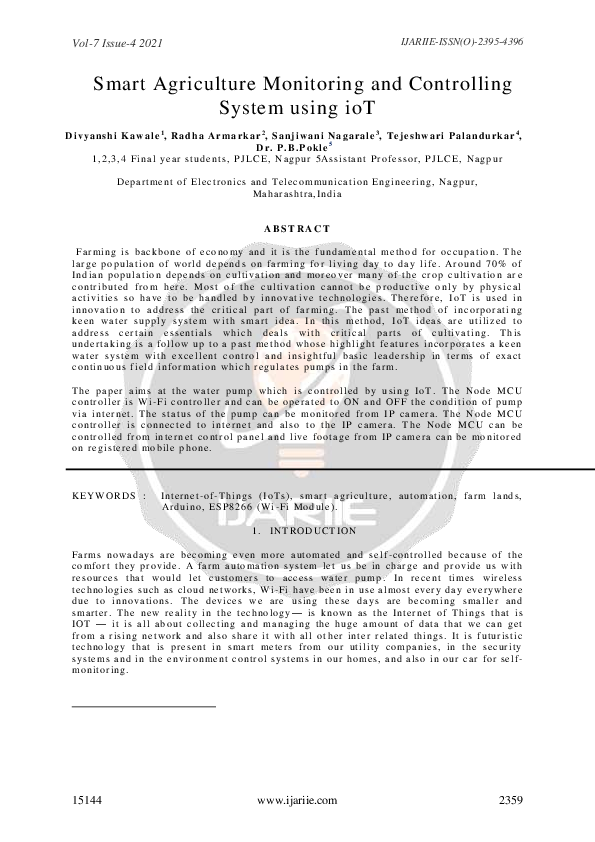 (PDF) Smart agriculture controlling and monitoring system using IoT