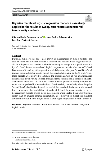 (PDF) Bayesian multilevel logistic regression models: a case study applied to the results of two ...