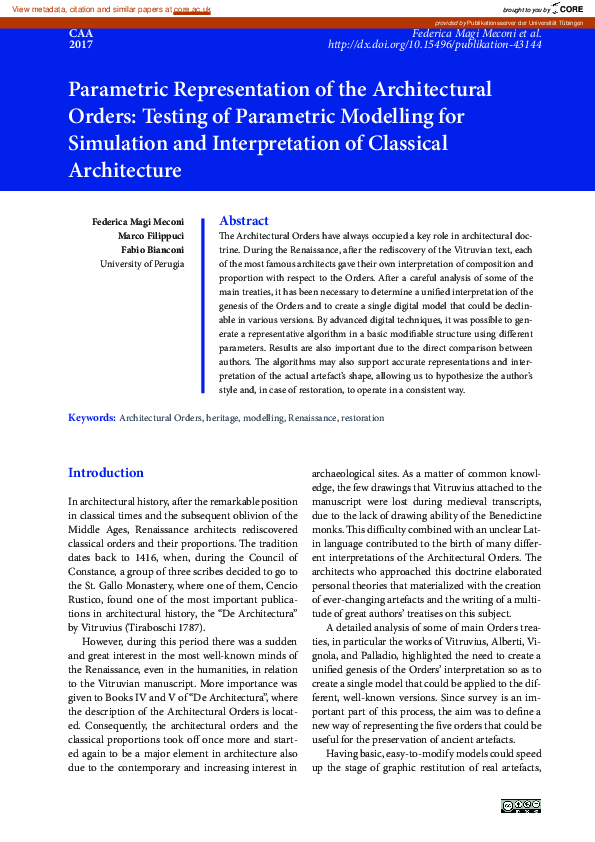 Pdf Parametric Representation Of The Architectural Orders Testing Of Parametric Modelling For