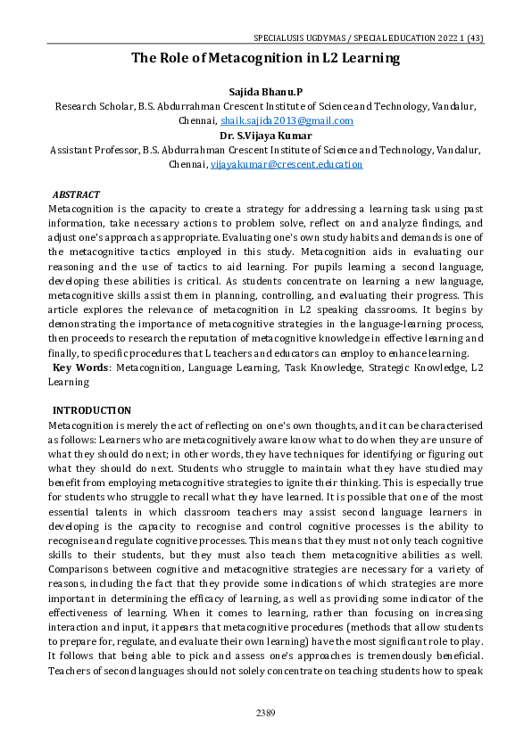 Pdf The Role Of Metacognition In L2 Learning