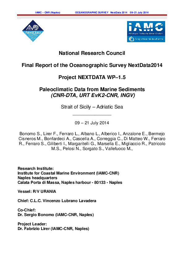 (PDF) Final Report of the Oceanographic Survey NextData2014 ...