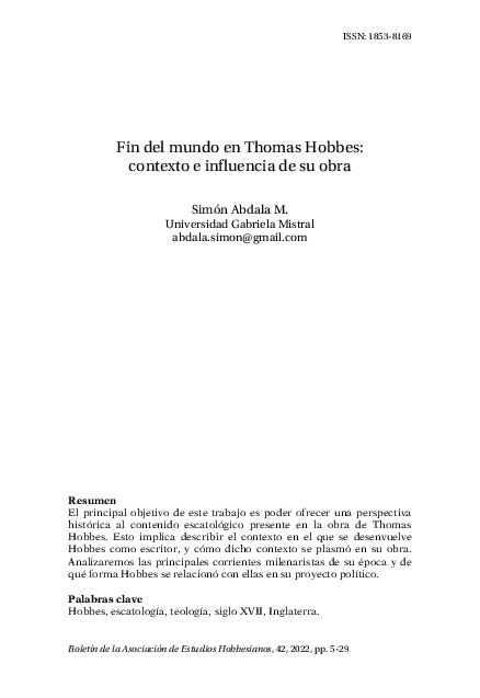 (PDF) Fin del mundo en Thomas Hobbes: contexto e influencia de su obra