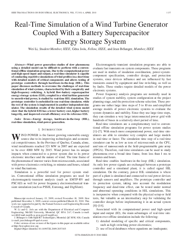 Pdf Real Time Simulation Of A Wind Turbine Generator Coupled With A Battery Supercapacitor