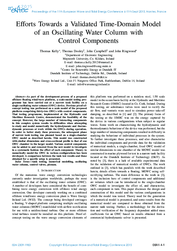 Pdf Efforts Towards A Validated Time Domain Model Of An Oscillating Water Column With Control