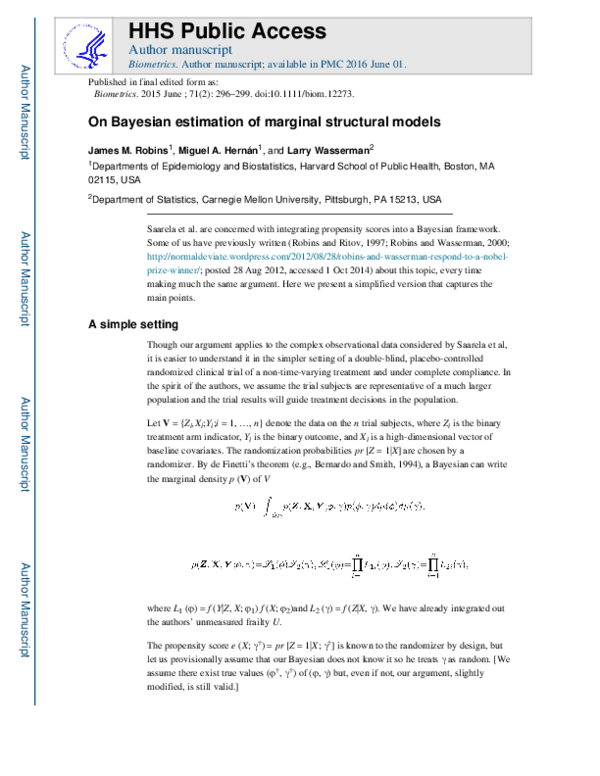(PDF) Discussion of "On Bayesian estimation of marginal structural models