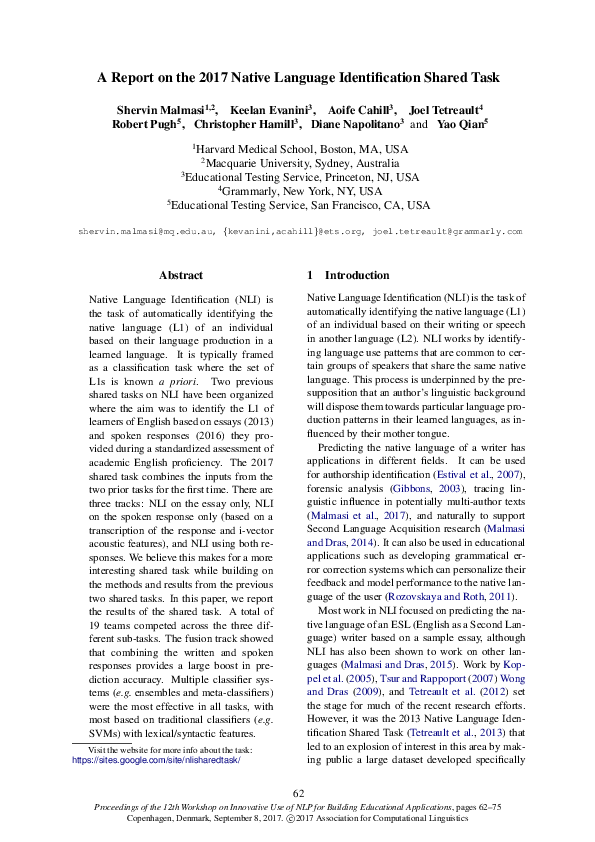 (PDF) A Report on the 2017 Native Language Identification Shared Task | Robert Pugh - Academia.edu