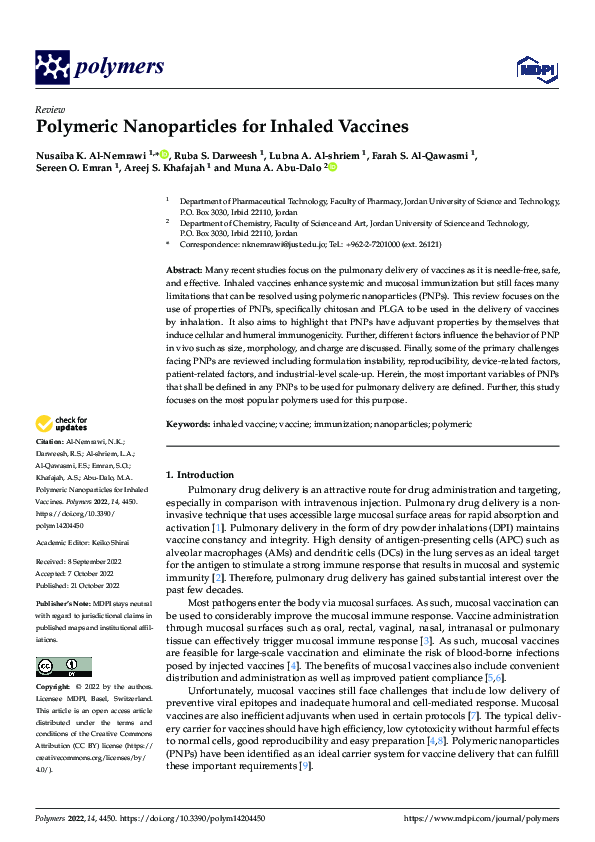 (PDF) Polymeric Nanoparticles for Inhaled Vaccines