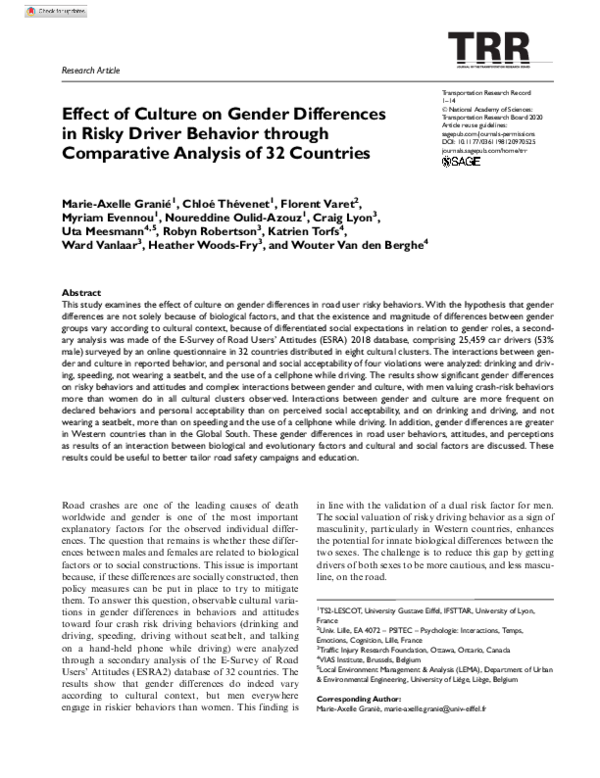 (PDF) Effect of Culture on Gender Differences in Risky Driver Behavior ...