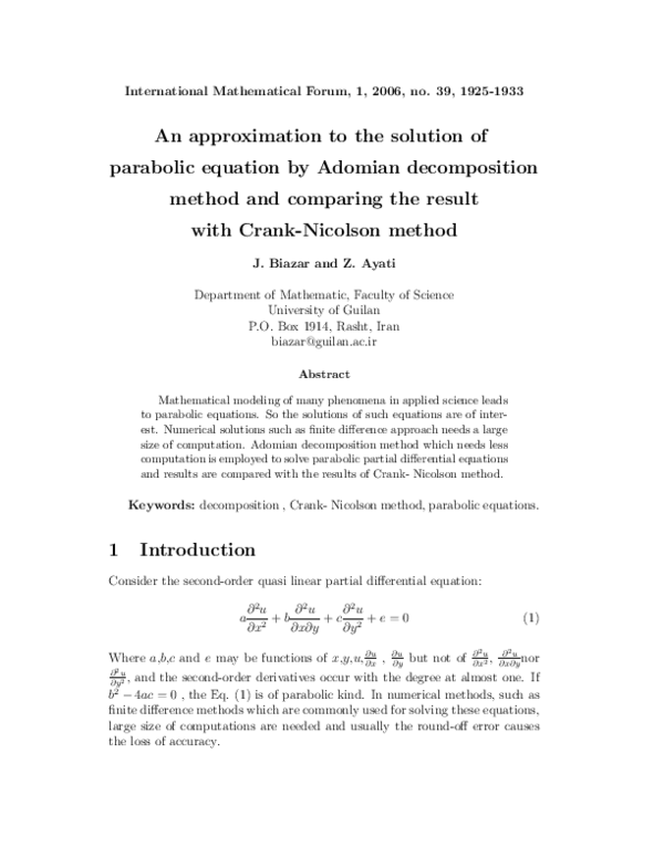 (PDF) An approximation to the solution of parabolic equation by Adomian decomposition method and ...