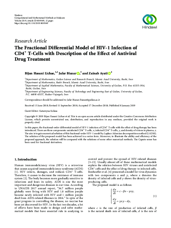 (PDF) The Fractional Differential Model of HIV-1 Infection of CD4+T ...