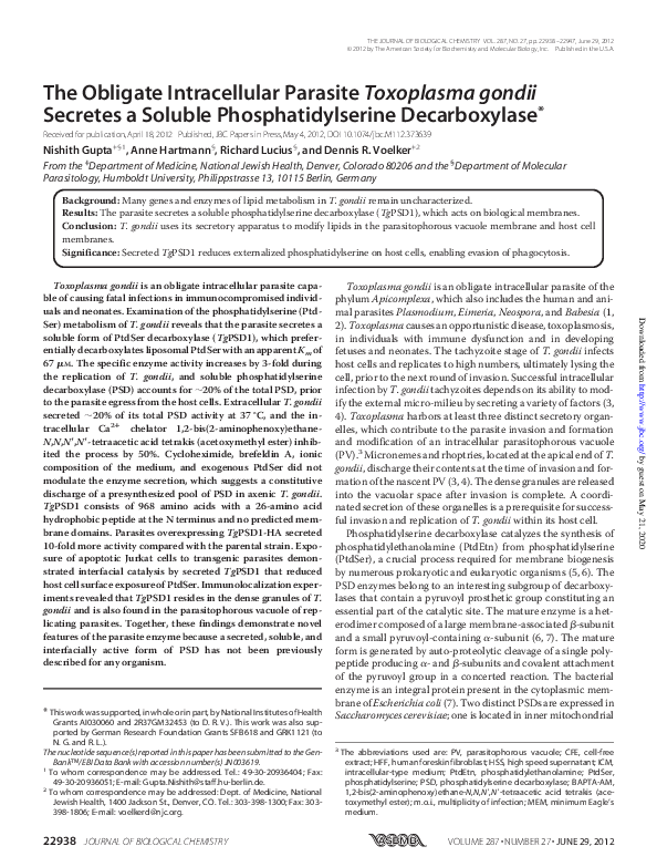 (PDF) The Obligate Intracellular Parasite Toxoplasma gondii Secretes a ...
