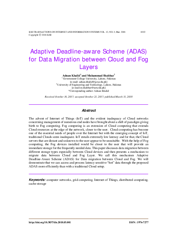 (PDF) Adaptive Deadline-aware Scheme (ADAS) for Data Migration between Cloud and Fog Layers