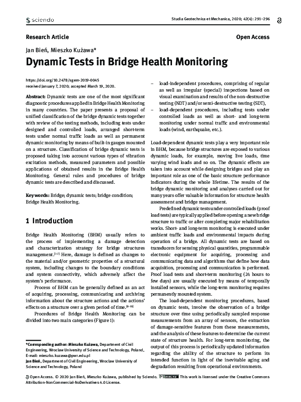 Pdf Dynamic Tests In Bridge Health Monitoring Mieszko Kużawa
