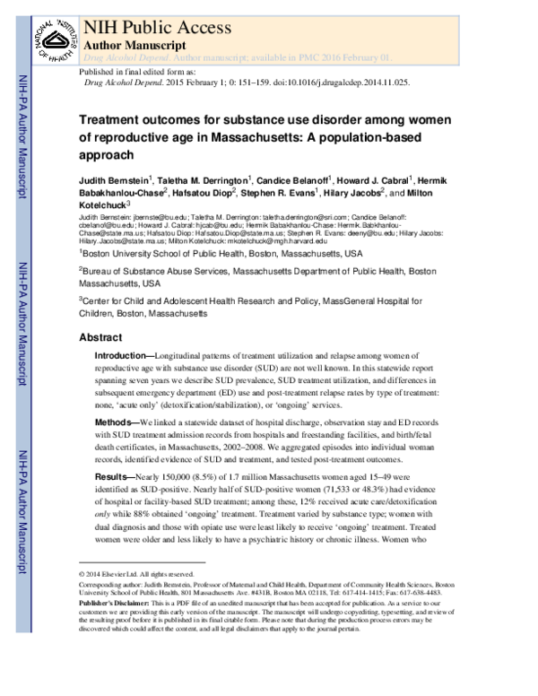 (PDF) Treatment outcomes for substance use disorder among women of ...