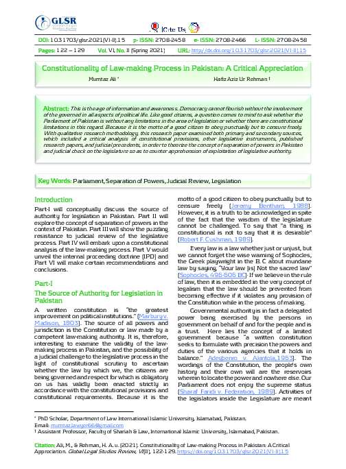 (PDF) Constitutionality of Law-making Process in Pakistan: A Critical ...
