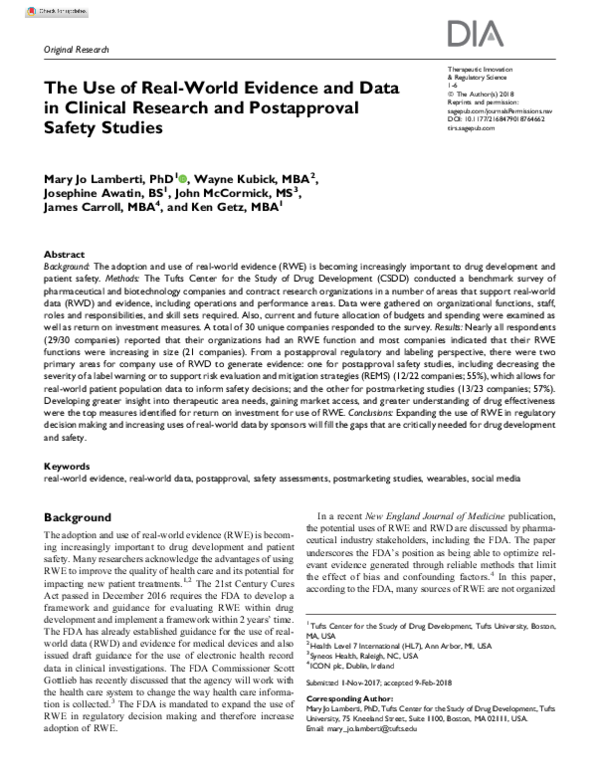 (PDF) The Use of Real-World Evidence and Data in Clinical Research and Postapproval Safety Studies