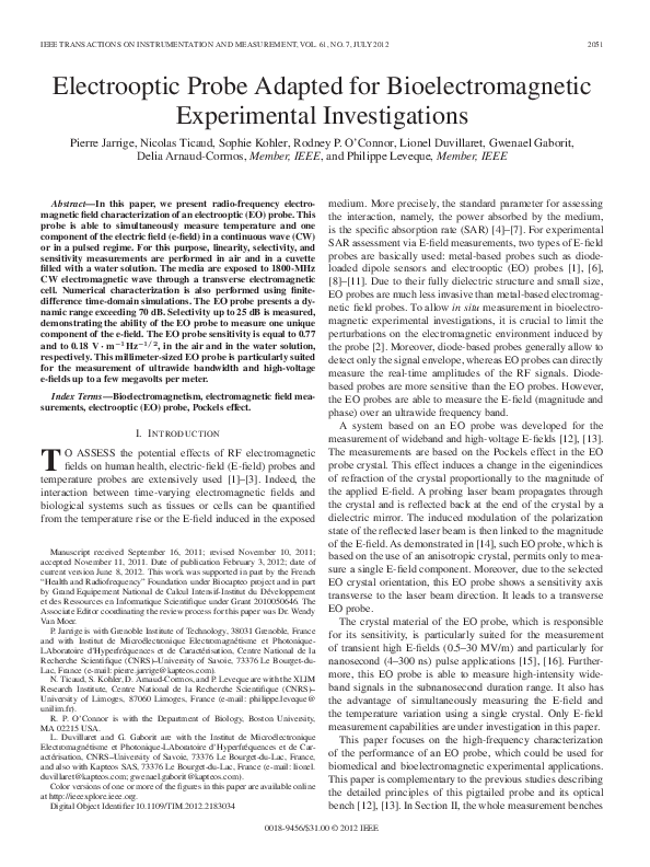 (PDF) Electrooptic Probe Adapted for Bioelectromagnetic Experimental ...