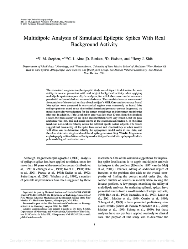 Pdf Multidipole Analysis Of Simulated Epileptic Spikes With Real Background Activity