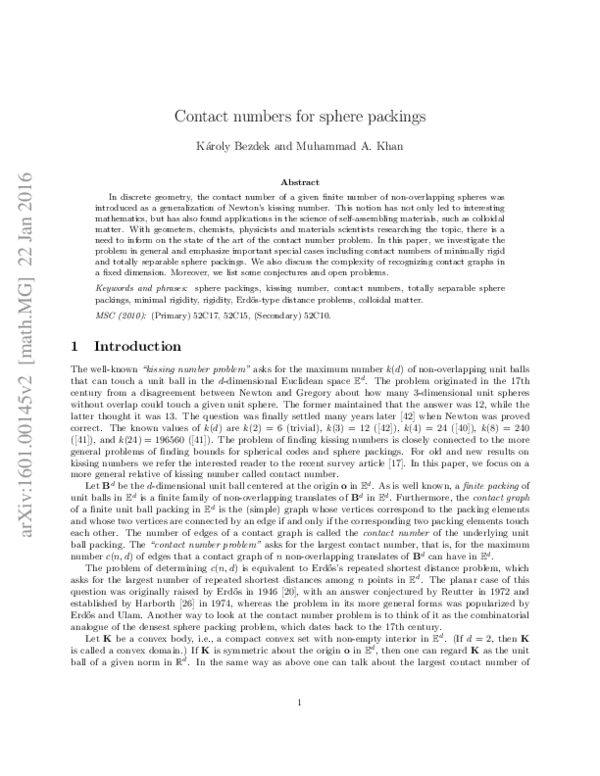 (PDF) Contact Numbers for Sphere Packings