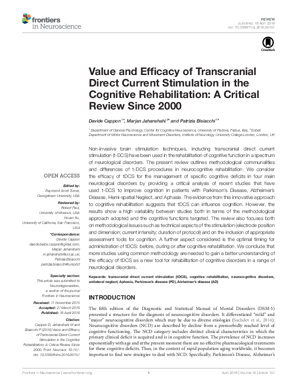 (PDF) Value and Efficacy of Transcranial Direct Current Stimulation in the Cognitive ...