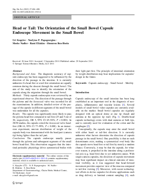 (PDF) Head or Tail: The Orientation of the Small Bowel Capsule ...