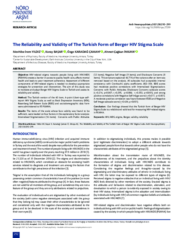 (PDF) The Reliability and Validity of The Turkish Form of Berger HIV ...