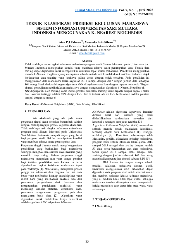 (PDF) Teknik Klasifikasi Prediksi Kelulusan Mahasiswa Sistem Informasi Universitas Sari Mutiara ...