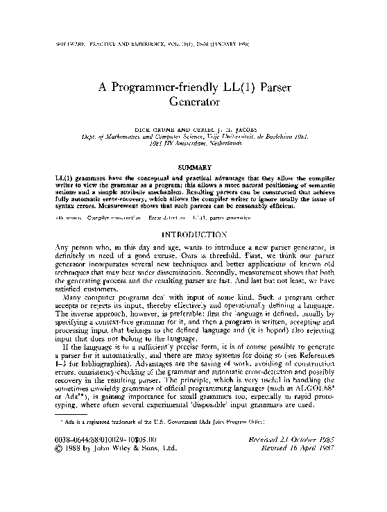 (PDF) A programmer-friendly LL(1) parser generator