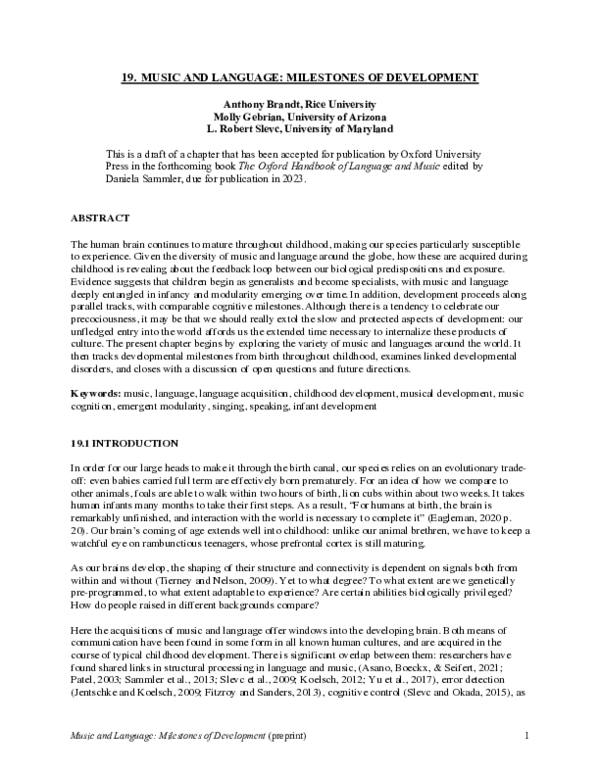 (PDF) Music and language: Milestones of development