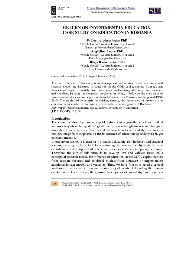 (PDF) Return on investment in education. Case study on education in Romania