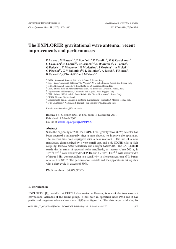 Pdf The Explorer Gravitational Wave Antenna Recent Improvements And