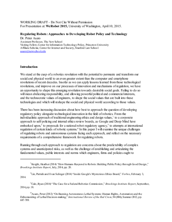 (PDF) Regulating Robots : Approaches to Developing Robot Policy and ...