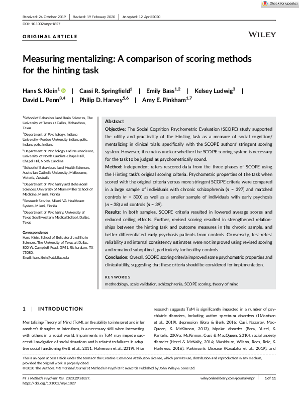 (PDF) Measuring mentalizing: A comparison of scoring methods for the hinting task