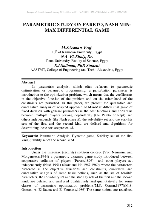 (PDF) Parametric Study on Pareto, Nash Minmax Differential Game