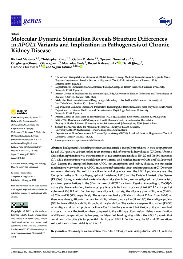 Pdf Molecular Dynamic Simulation Reveals Structure Differences In Apol1 Variants And