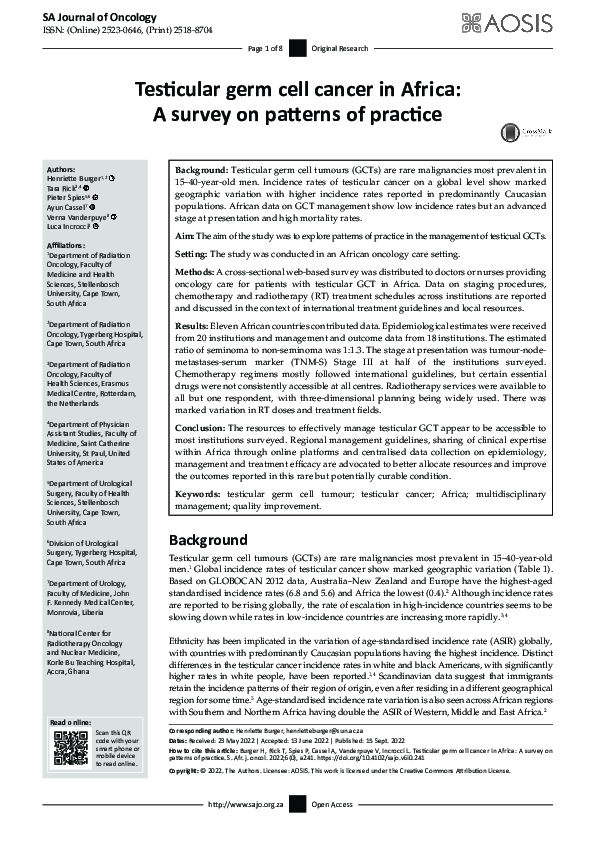 (PDF) Testicular germ cell cancer in Africa: A survey on patterns of ...