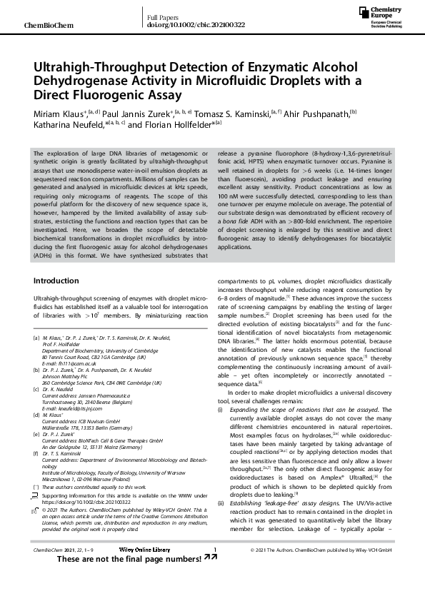 (PDF) Ultrahigh‐Throughput Detection of Enzymatic Alcohol Dehydrogenase Activity in Microfluidic ...