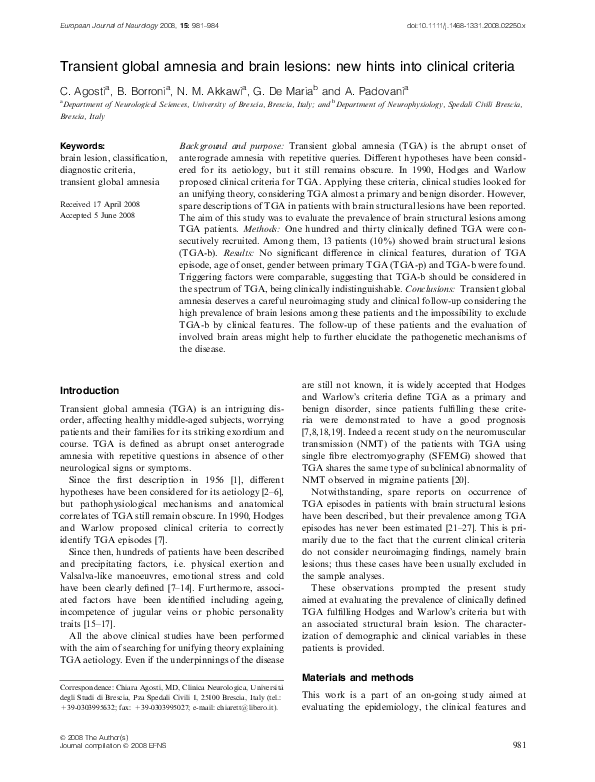 (PDF) Transient global amnesia and brain lesions: new hints into ...