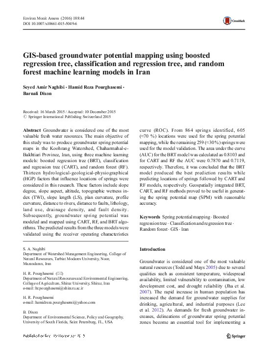 Pdf Gis Based Groundwater Potential Mapping Using Boosted Regression Tree Classification And