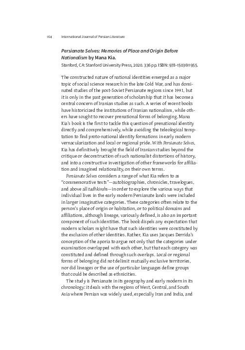 (PDF) Review, Mana Kia, Persianate Selves: Memories of Place and Origin ...