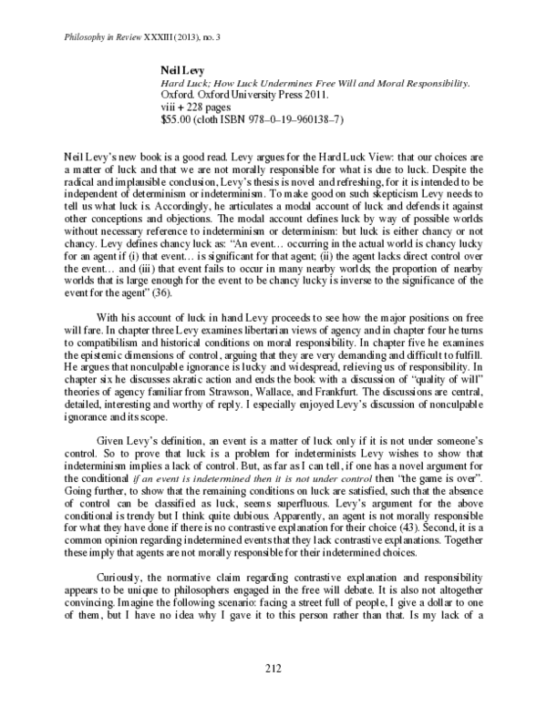 (PDF) Neil Levy , Hard Luck: How Luck Undermines Free Will and Moral ...