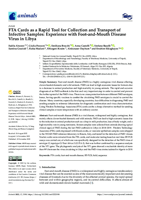 (PDF) FTA Cards as a Rapid Tool for Collection and Transport of Infective Samples: Experience ...