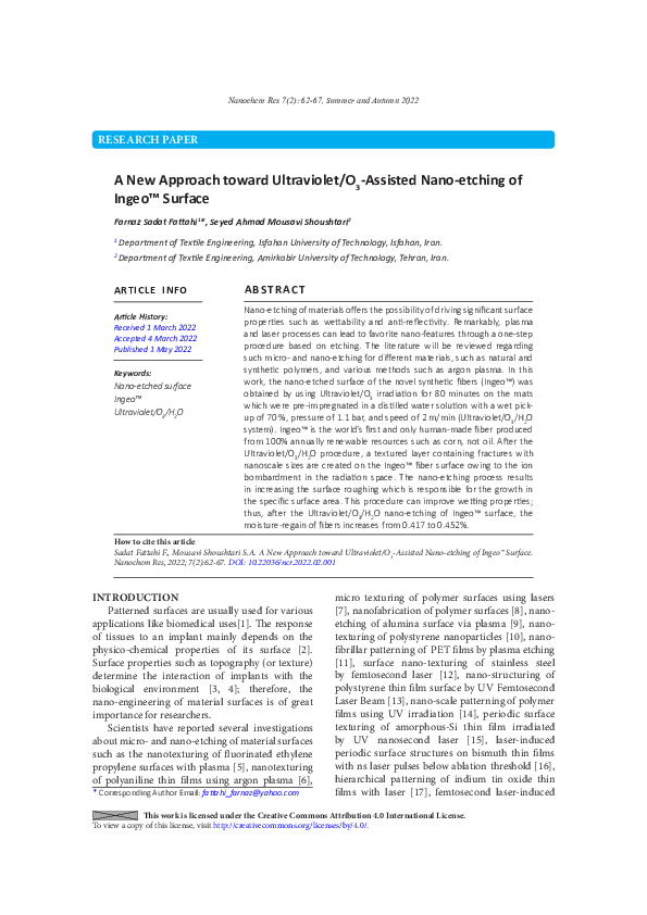 (PDF) New Approach toward Ultraviolet/O3-Assisted Nanoetching of Ingeo™ Surface