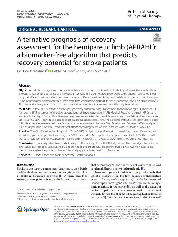 (PDF) Alternative prognosis of recovery assessment for the hemiparetic ...