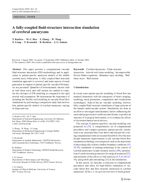 (PDF) A fully-coupled fluid-structure interaction simulation of cerebral aneurysms | Trond ...